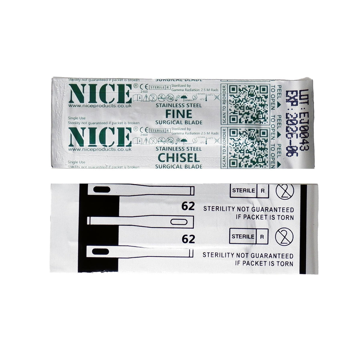 25 x NICE FINE 62 Sterile Stainless Steel Chisel Blades FS62 for Podia ...